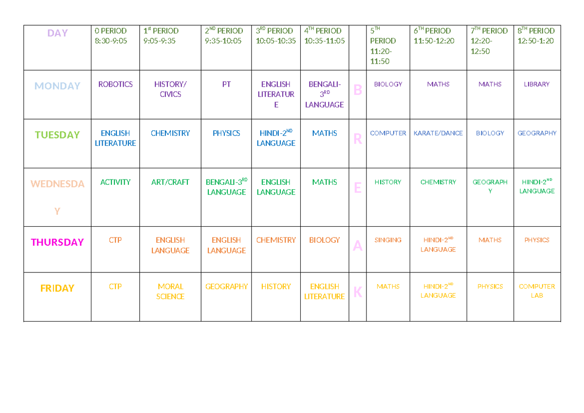 Timetable 6B 3333 - its nice - DAY 0 PERIOD 8:30-9: 1 st PERIOD 9:05-9: 2 ND PERIOD 9:35-10: 3 ...