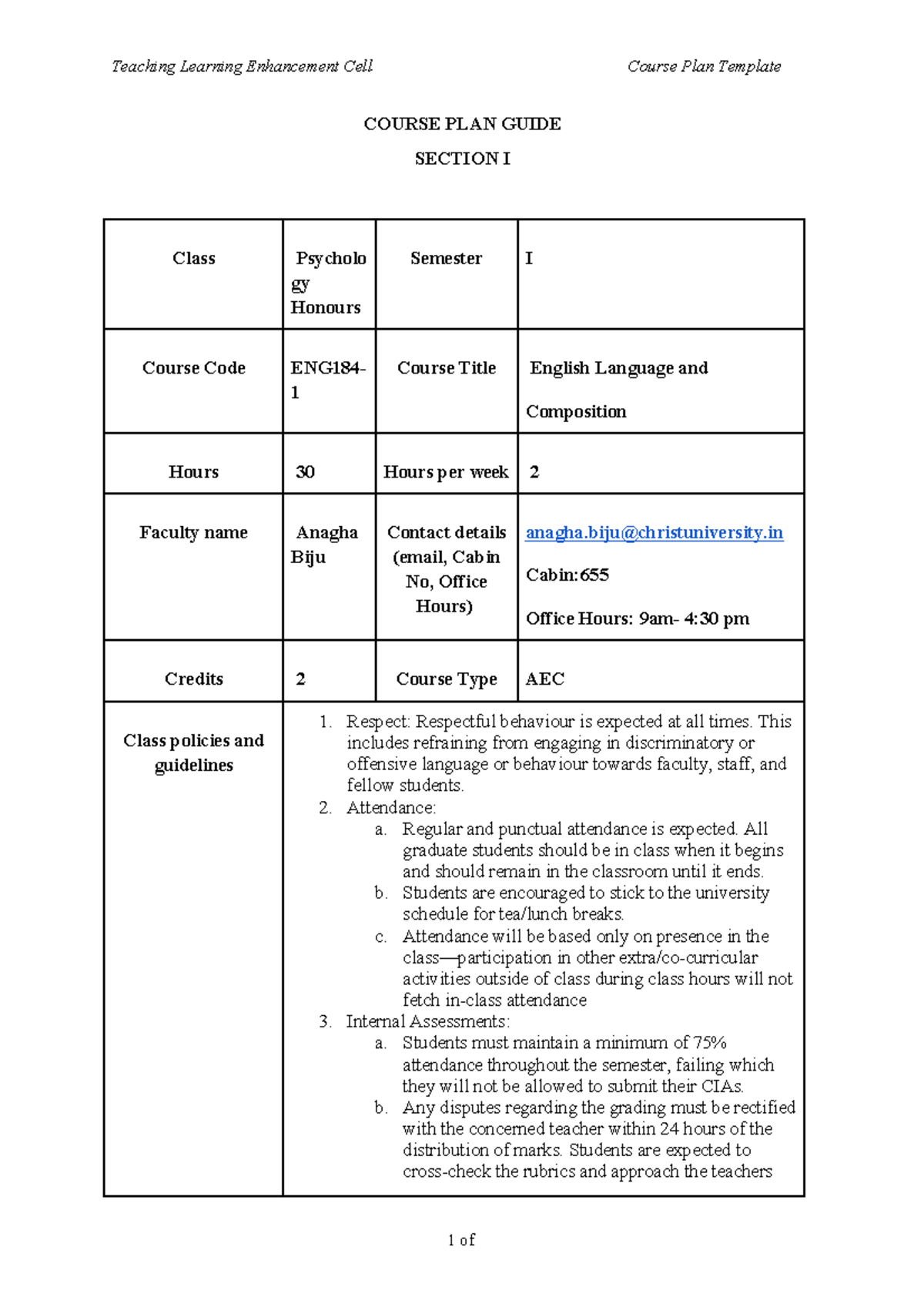 Eng course plan - COURSE PLAN GUIDE SECTION I Class Psycholo gy Honours ...