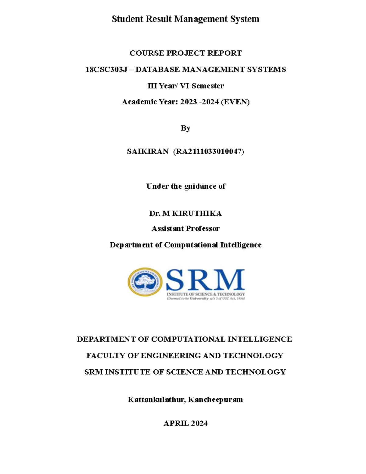 Front page DBMS - dbms - Dbms - Student Result Management System COURSE ...
