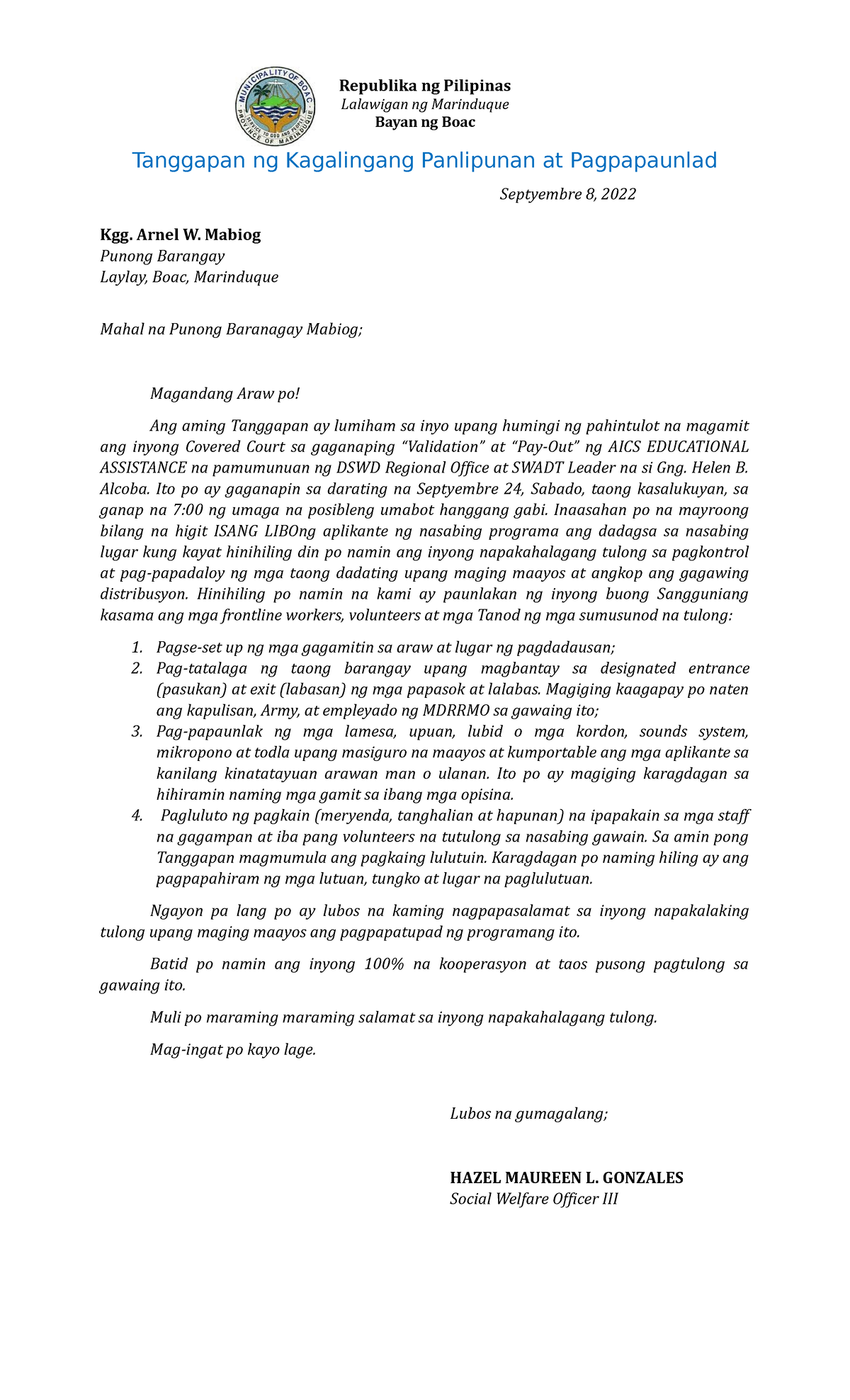 Letter for Educ Ass - Republika ng Pilipinas Lalawigan ng Marinduque ...