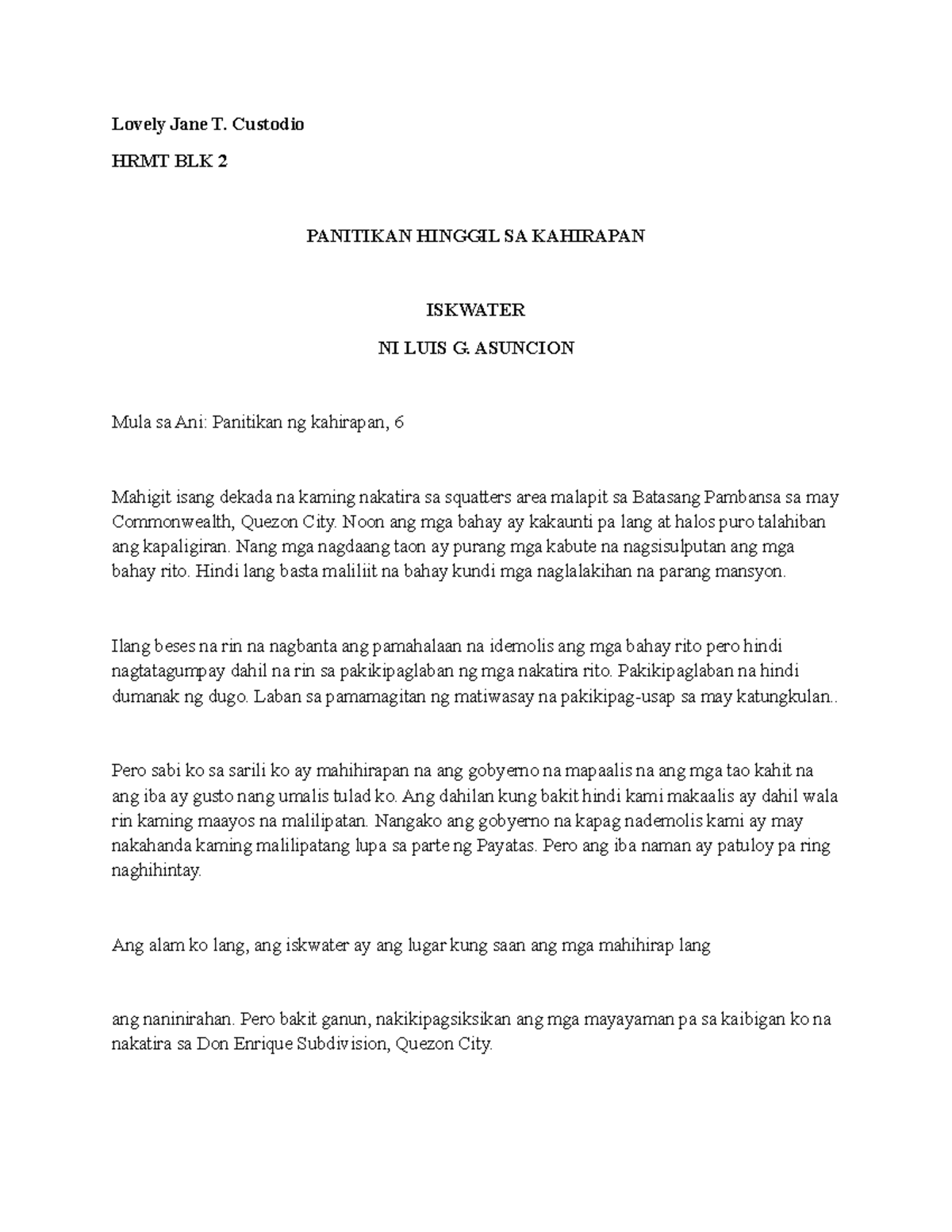 Panitikan - idea - Lovely Jane T. Custodio HRMT BLK 2 PANITIKAN HINGGIL ...