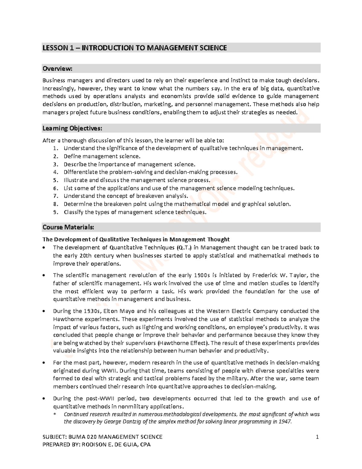 Lesson 1 - Accounting - SUBJECT: BUMA 020 MANAGEMENT SCIENCE 1 LESSON 1 ...