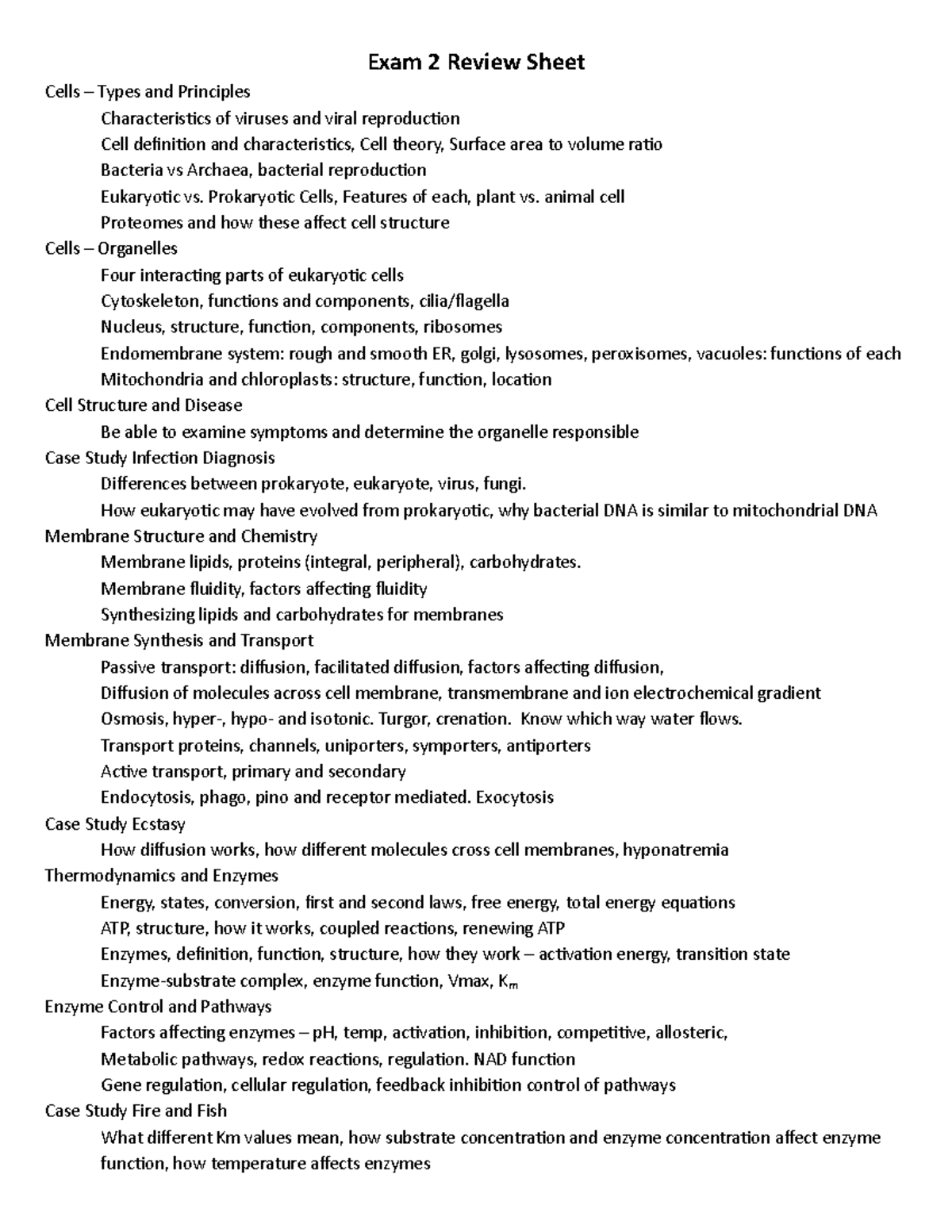Exam 2 Review Sheet - Exam 2 Review Sheet Cells – Types and Principles ...