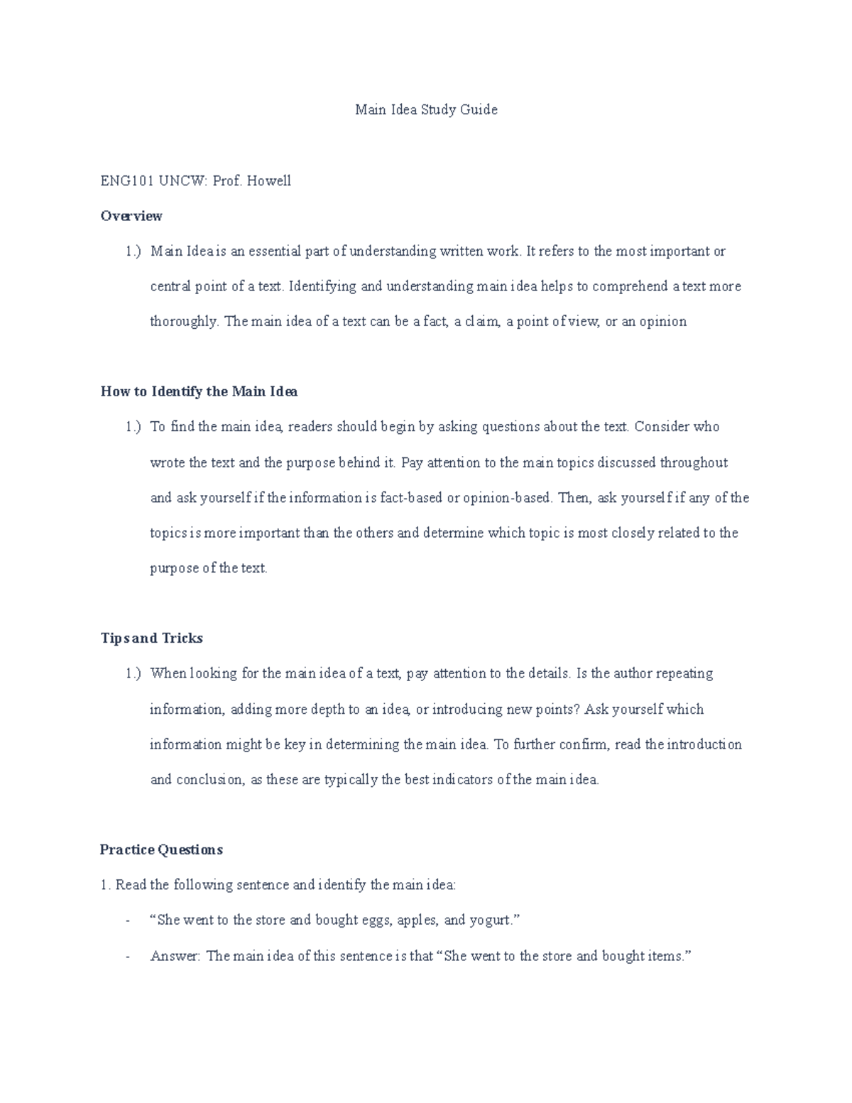 ENG101 Main Idea Notes.pdf - Main Idea Study Guide ENG101 UNCW: Prof ...