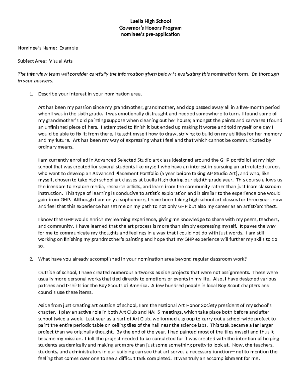 LHS GHP nominee application Jan 2013 M R example - Luella High School ...