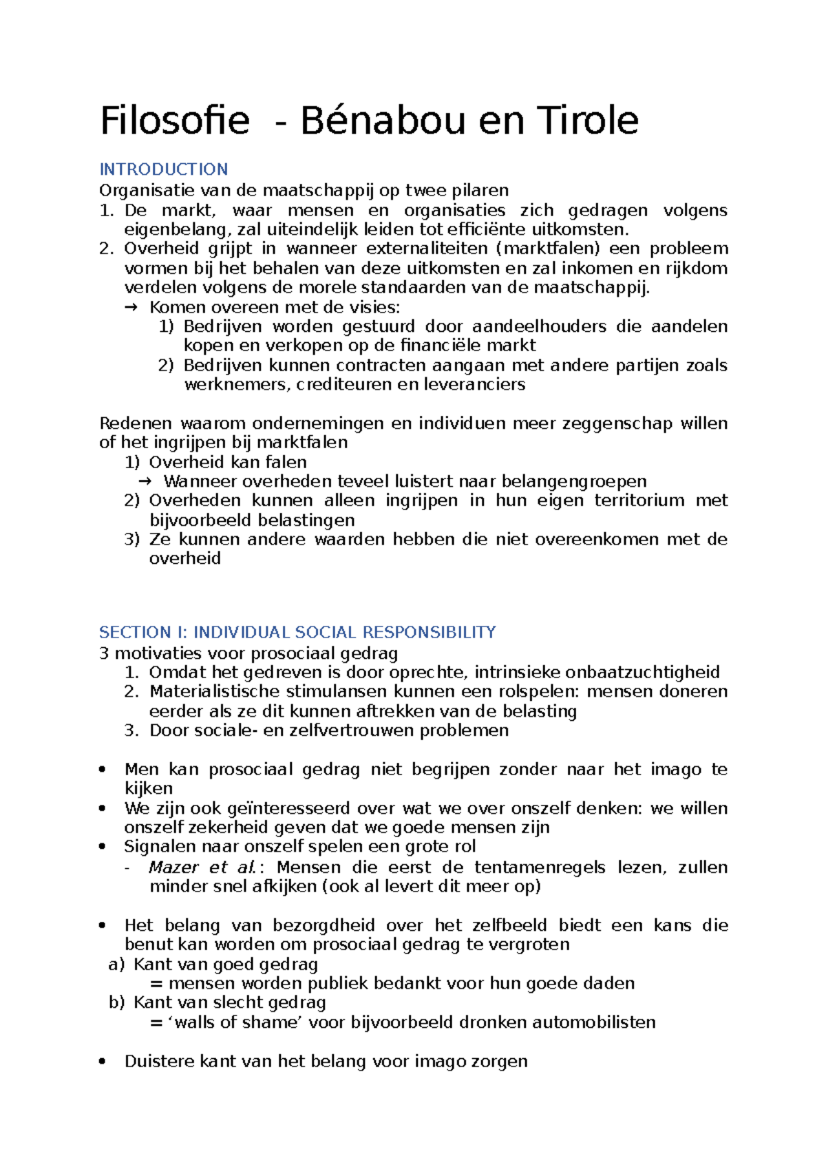 Benabou en tirole - Samenvatting - Filosofie - Bénabou en Tirole ...