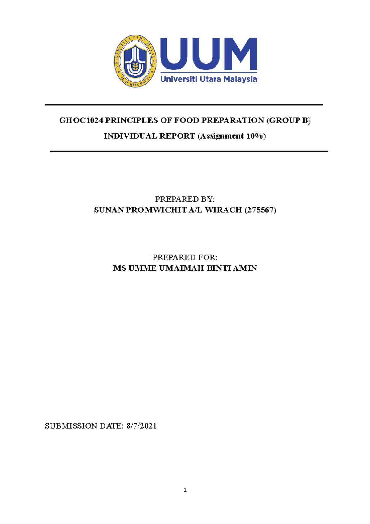 Kitchen Individual Report - GHOC1024 PRINCIPLES OF FOOD PREPARATION ...