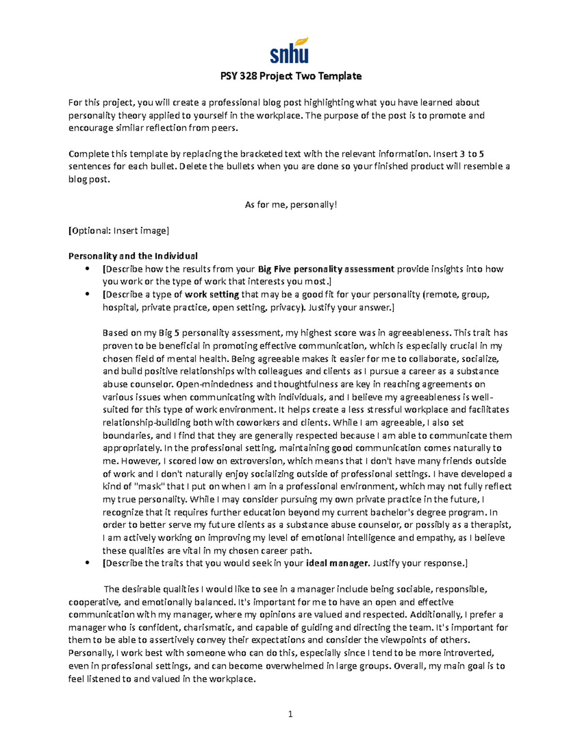 PSY 328 Project Two Template - PSY 328 Project Two Template For this ...