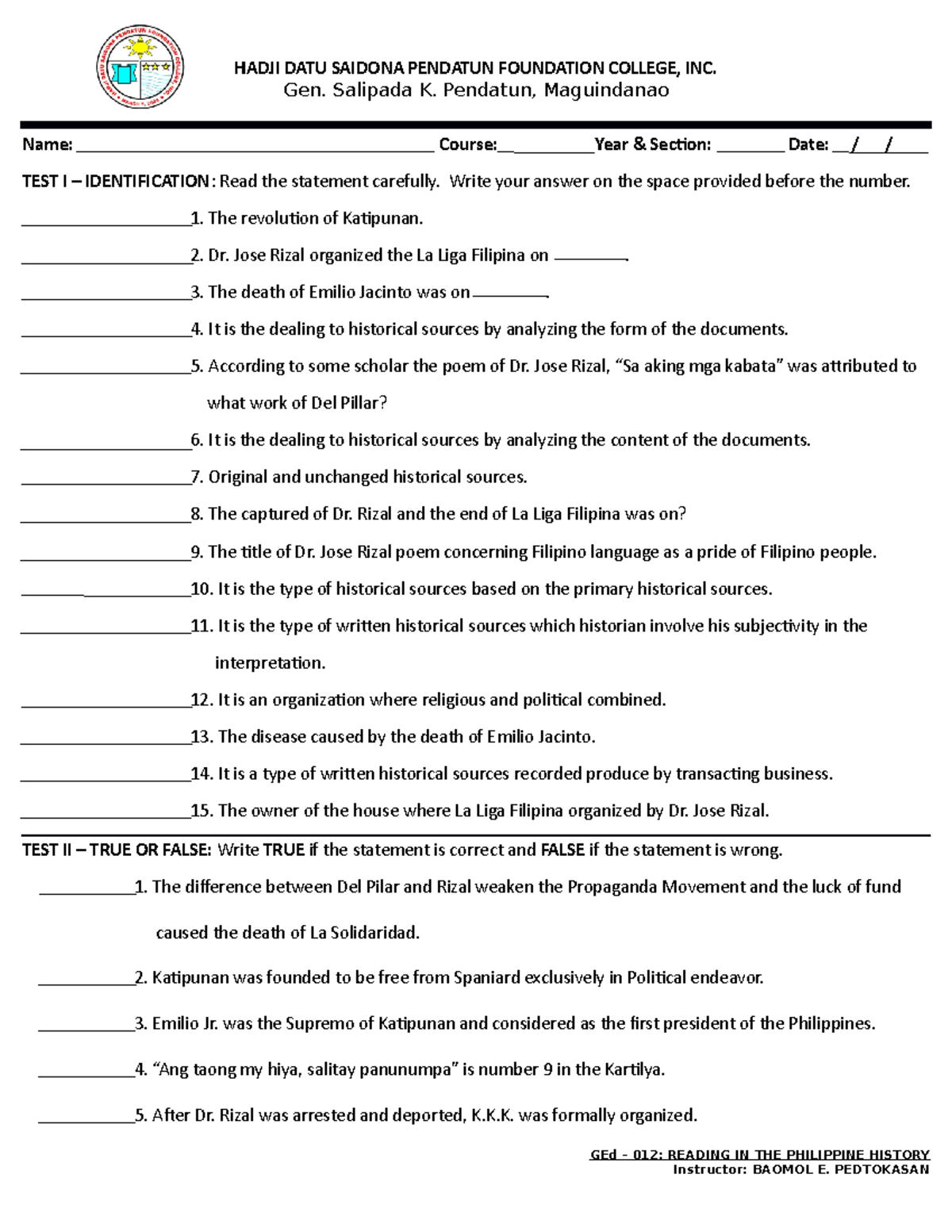 TEST Questioner PHIL. History - HADJI DATU SAIDONA PENDATUN FOUNDATION ...