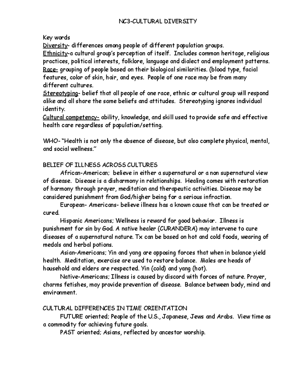 Notes NC3 Cultural Diversity - NC3-CULTURAL DIVERSITY Key words ...