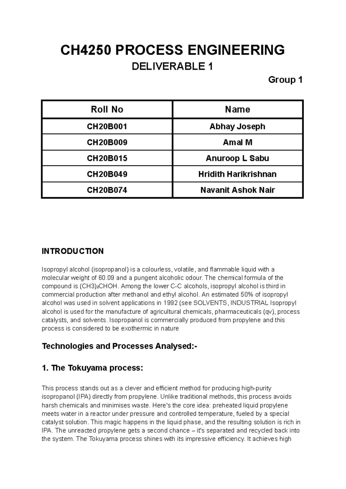 CH4250 Process Engineering - CH4250 PROCESS ENGINEERING DELIVERABLE 1 ...