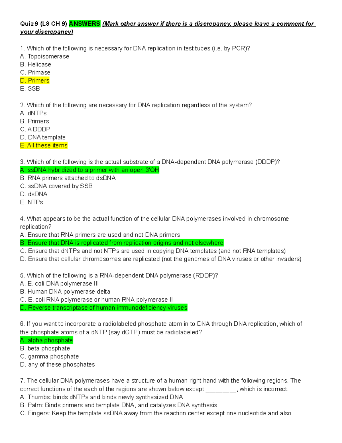 DNA Replication Quiz Answers - Studocu