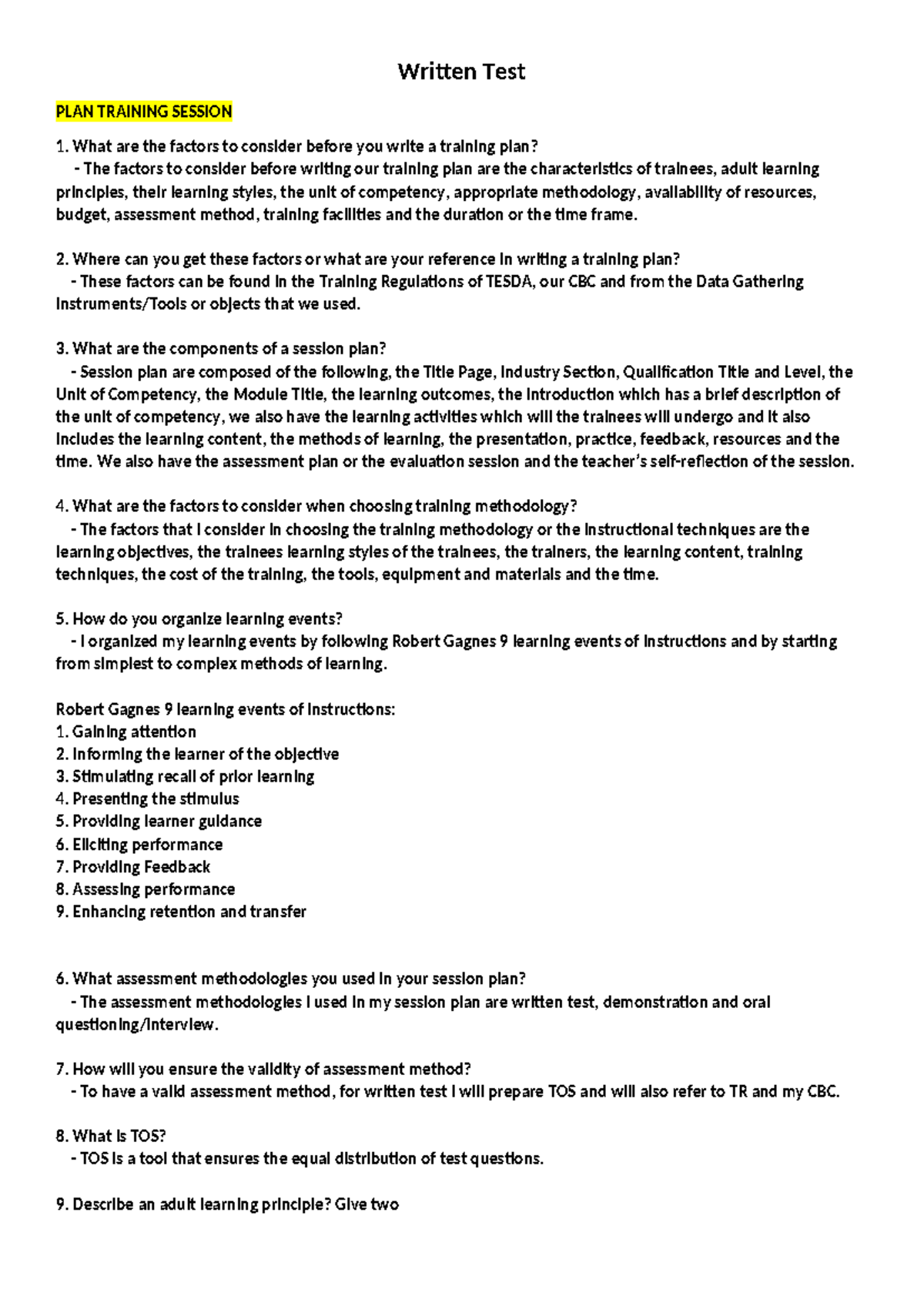 Written Test in TM 1 - Written Test PLAN TRAINING SESSION What are the ...