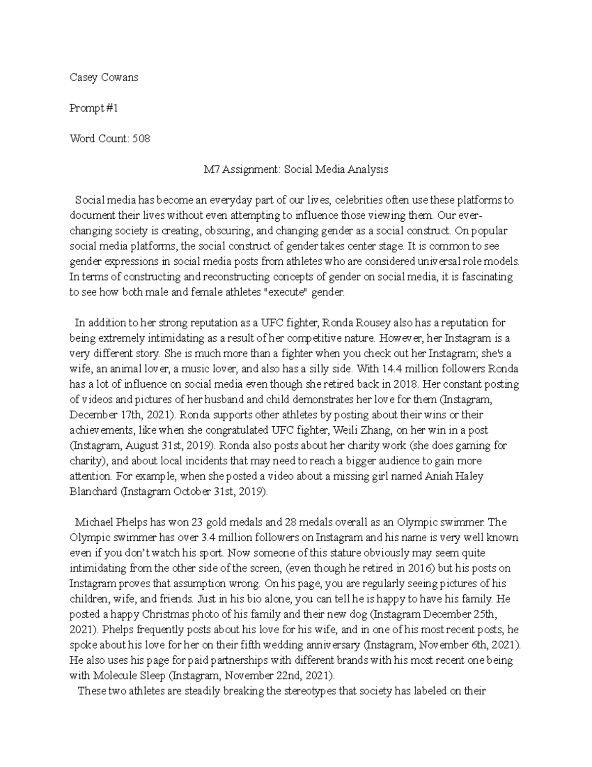 M7 Assignment: Social Media Analysis - Casey Cowans Prompt # Word Count ...
