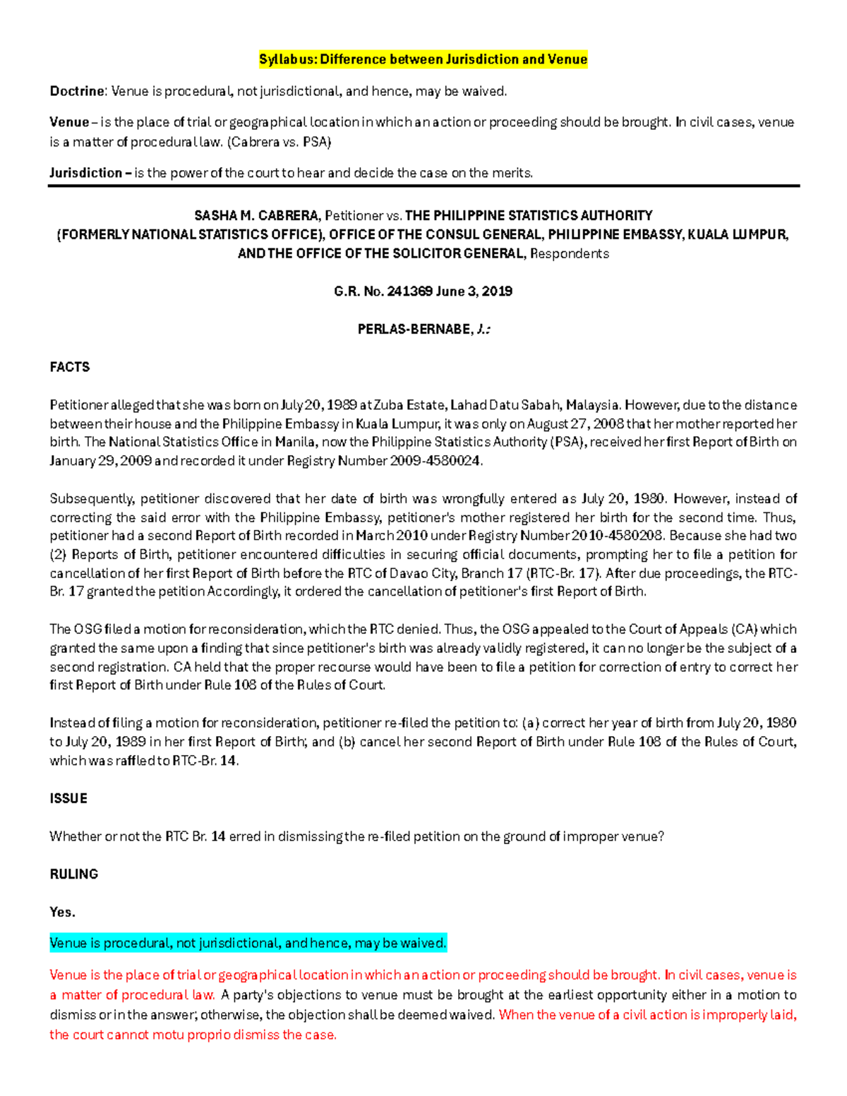 Sasha M. Cabrera, vs. THE Philippine Statistics Authority, et. al, G.R ...
