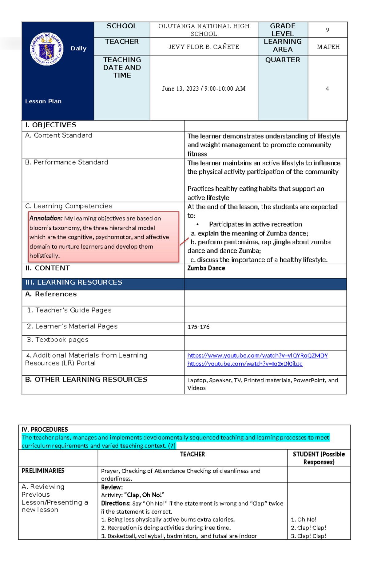 DLP-zumba g9-4q - lesson plan - Daily Lesson Plan SCHOOL OLUTANGA ...
