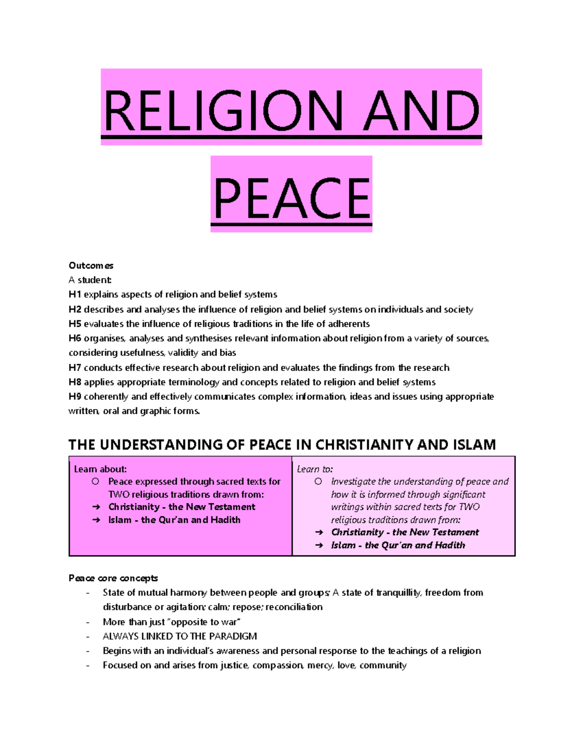 Religion and Peace - RELIGION AND PEACE Outcomes A student: H1 explains ...