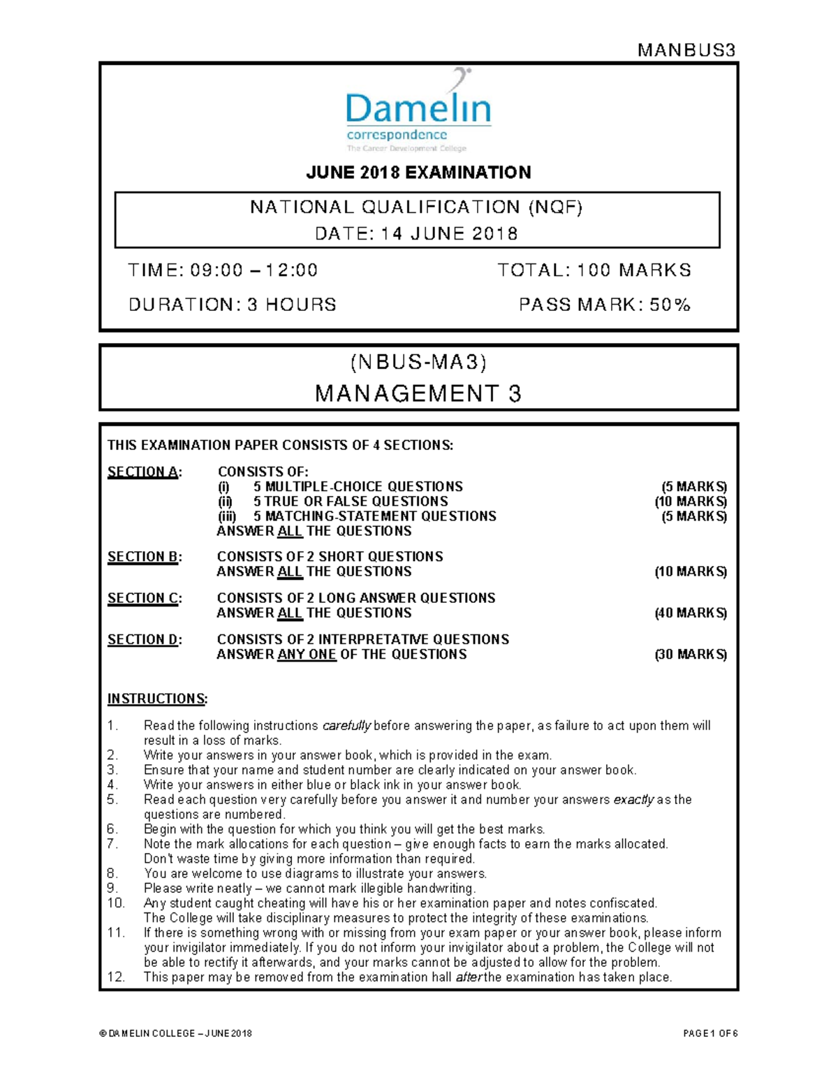 Exam Question Paper - Management 3 - JUNE 2018 - MANBUS JUNE 2018 ...