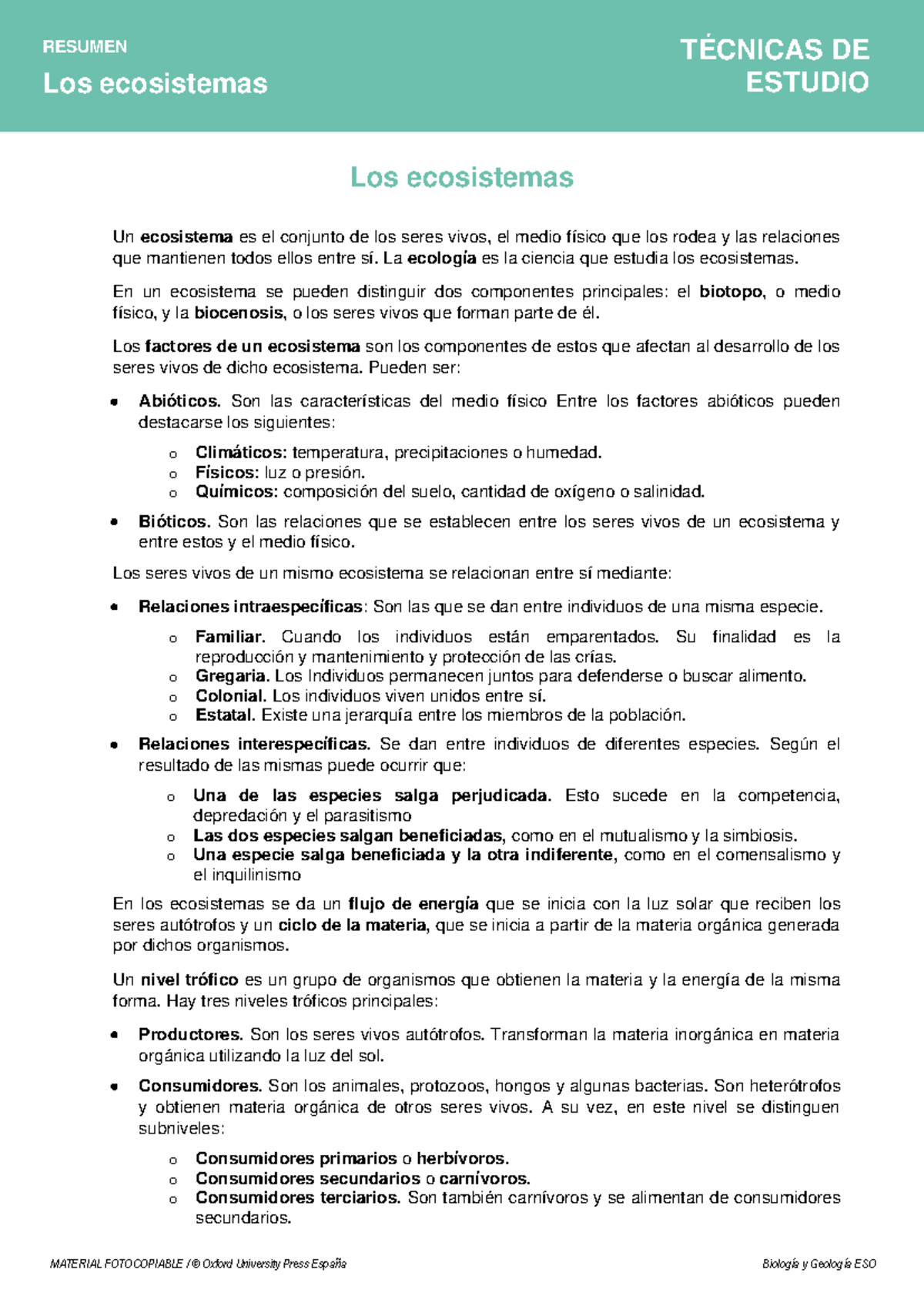 Biología 1º ESO GENIOX Tema Ecosistemas - RESUMEN Los ecosistemas TÉCNICAS DE ESTUDIO MATERIAL ...