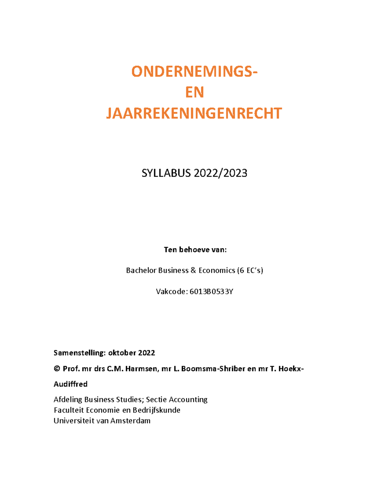 Syl OJR 22-23 BA (oktober 2022) - ONDERNEMINGS- EN JAARREKENINGENRECHT ...