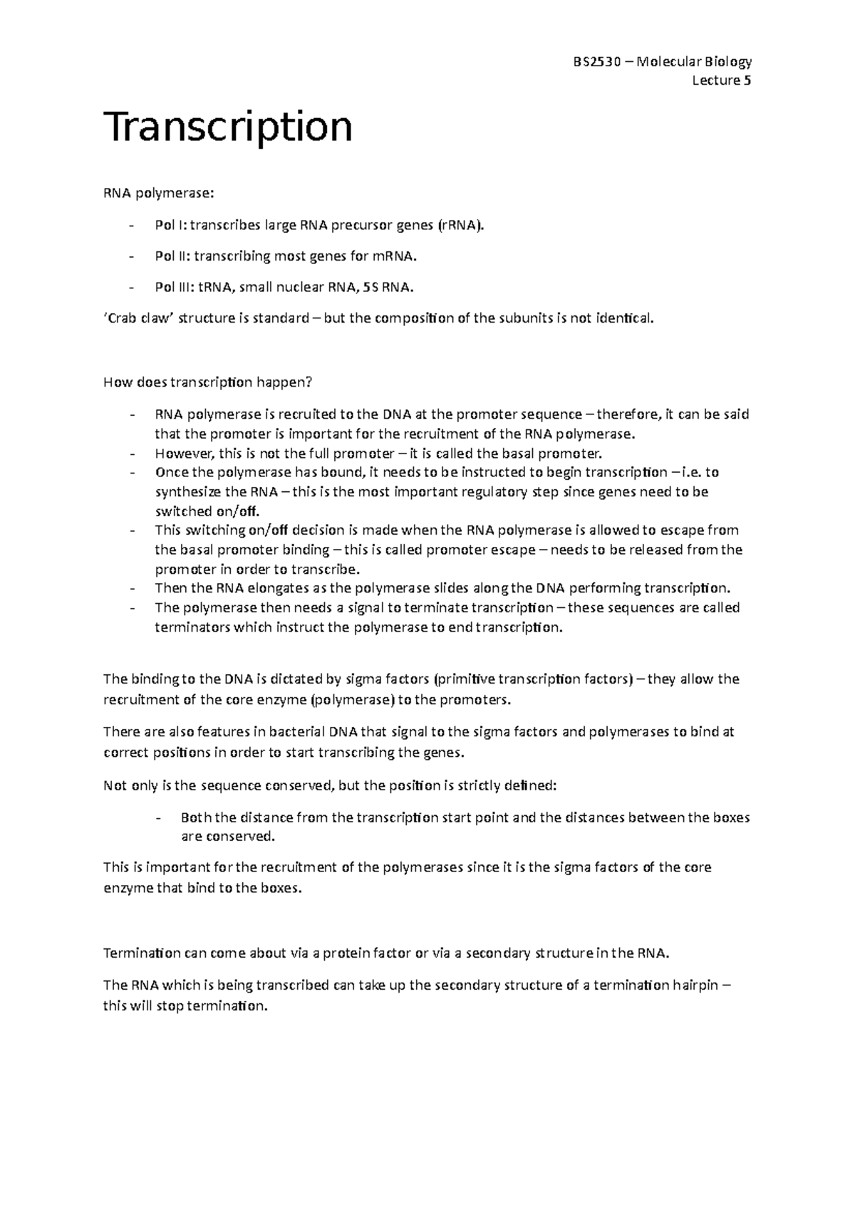 5 - Transcription - Lecture notes 5 - BS2530 – Molecular Biology ...