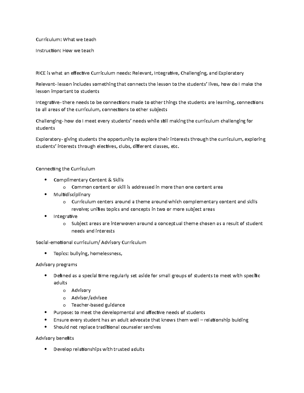 Curriculum Notes, RICE - Curriculum: What we teach Instruction: How we ...