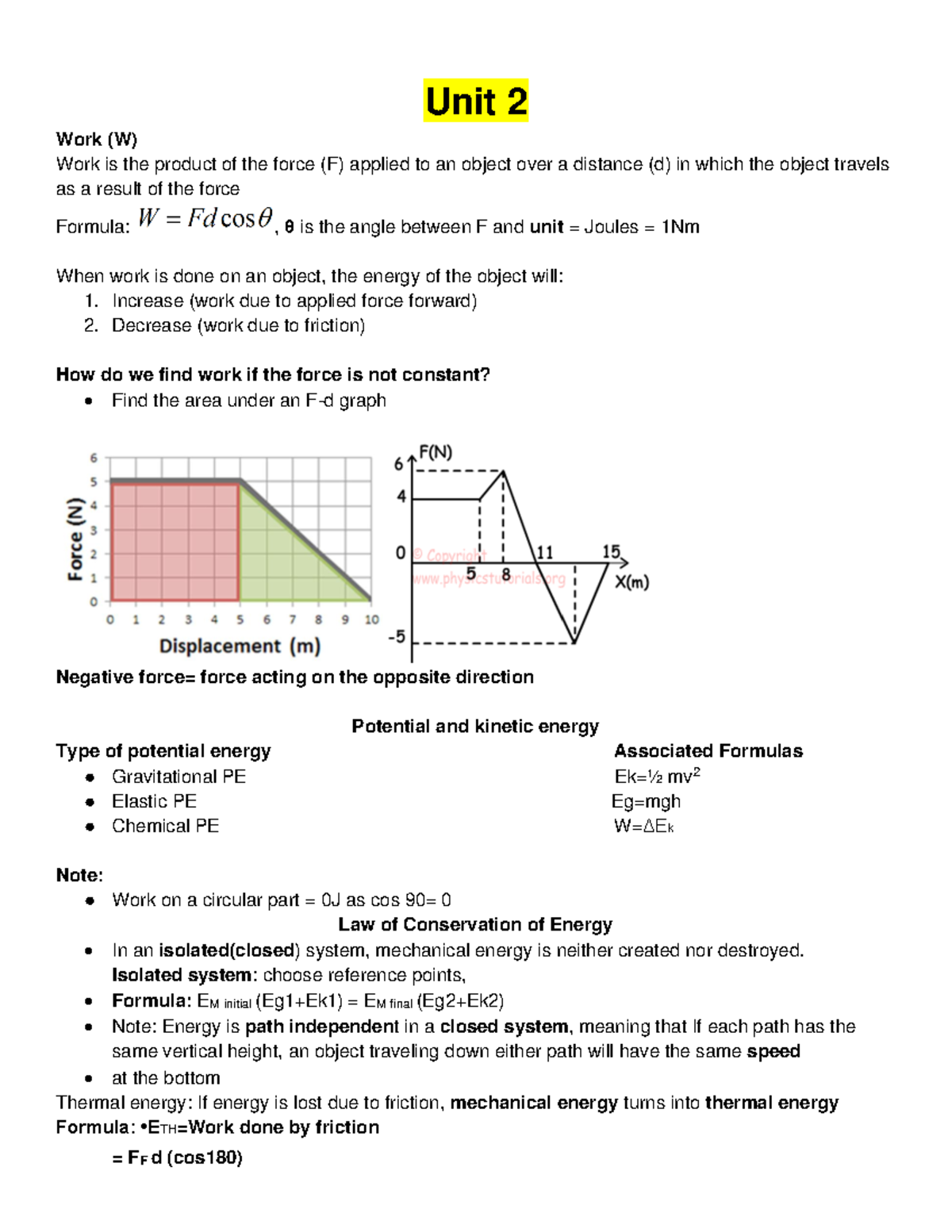 SPH4U unit 2 summary - Unit 2 Work (W) Work is the product of the force ...
