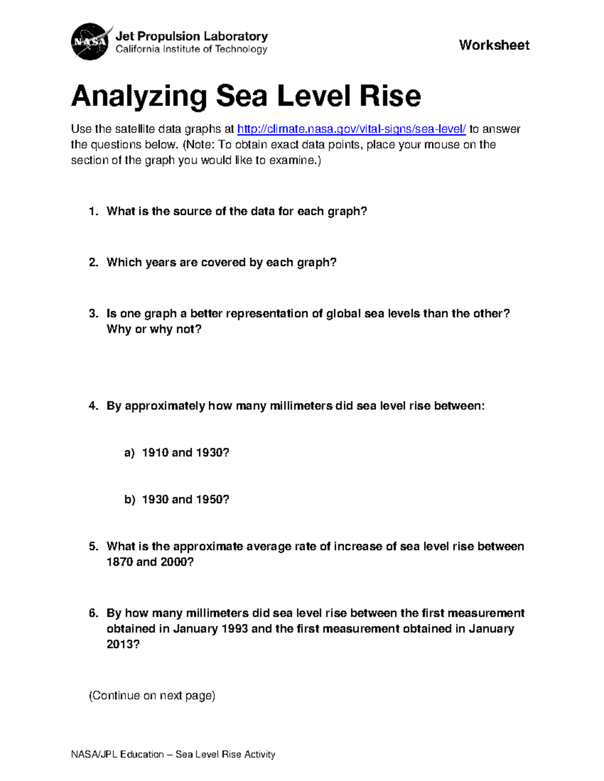 Sealevel worksheet - tgreeewfsdfder3qeqfsafreg - Worksheet NASA/JPL ...