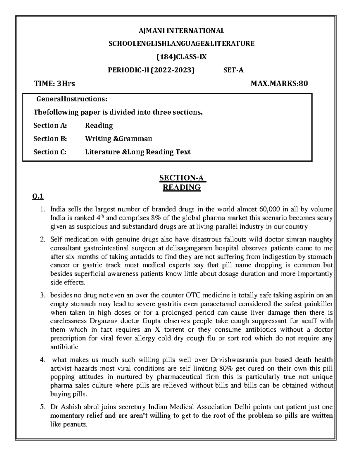 Class 9 - sample paper - GeneralInstructions: Thefollowing paper is ...