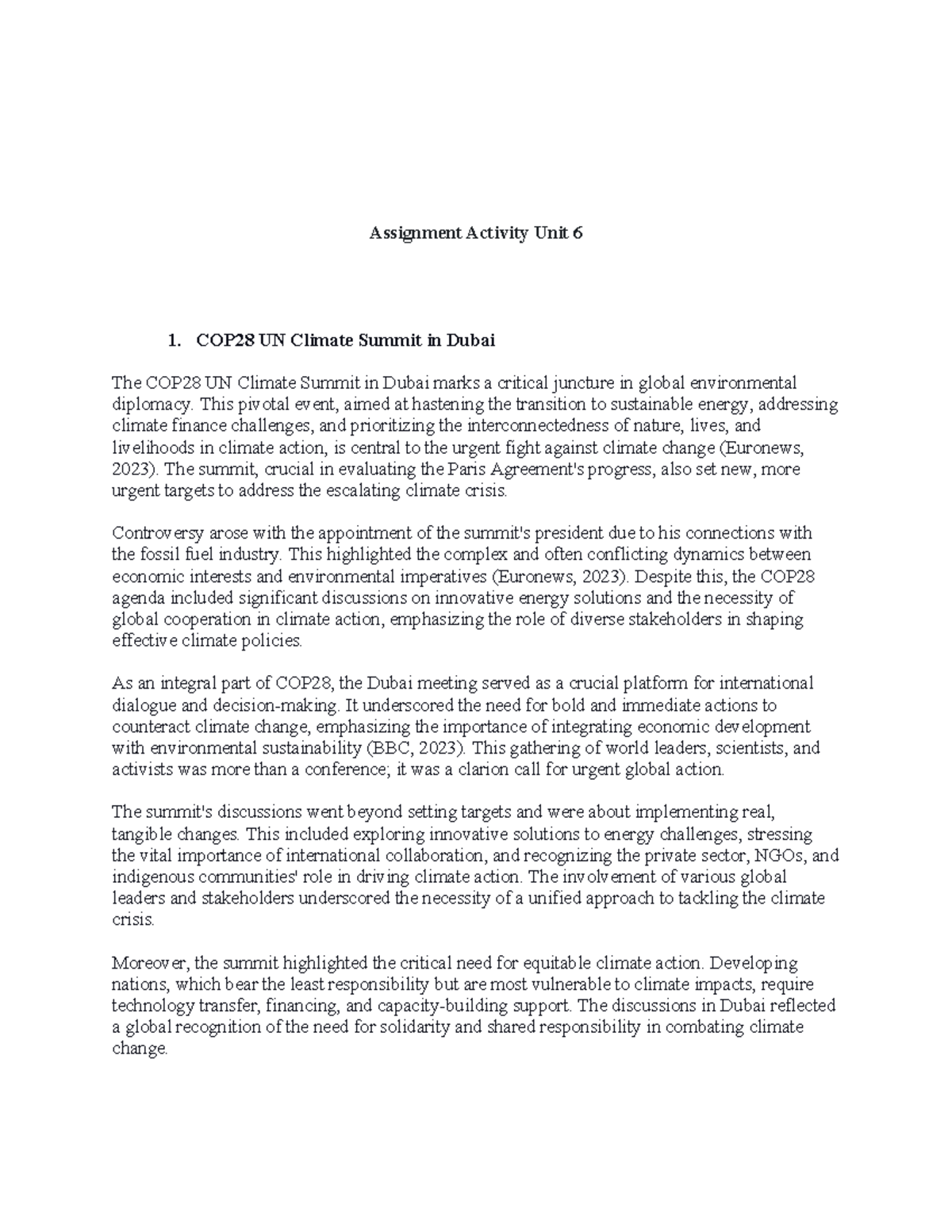 ENGL 1102 Assignment Activity Unit 6 - Assignment Activity Unit 6 COP28 UN Climate Summit in ...