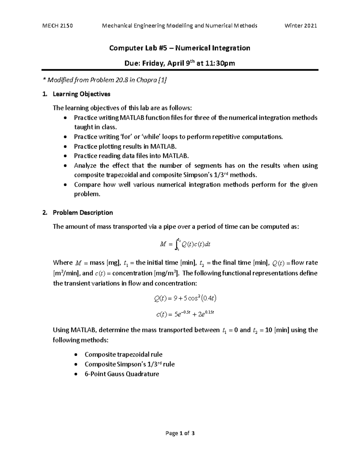 Computer Lab 5 - MECH 2150 Mechanical Engineering Modelling and Numerical Methods Winter 2021 ...