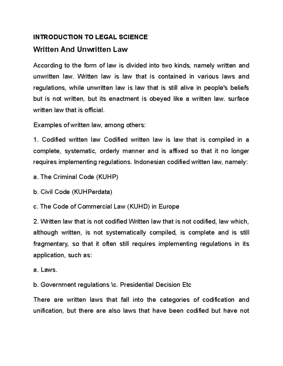 Written And Unwritten Law - INTRODUCTION TO LEGAL SCIENCE Written And ...