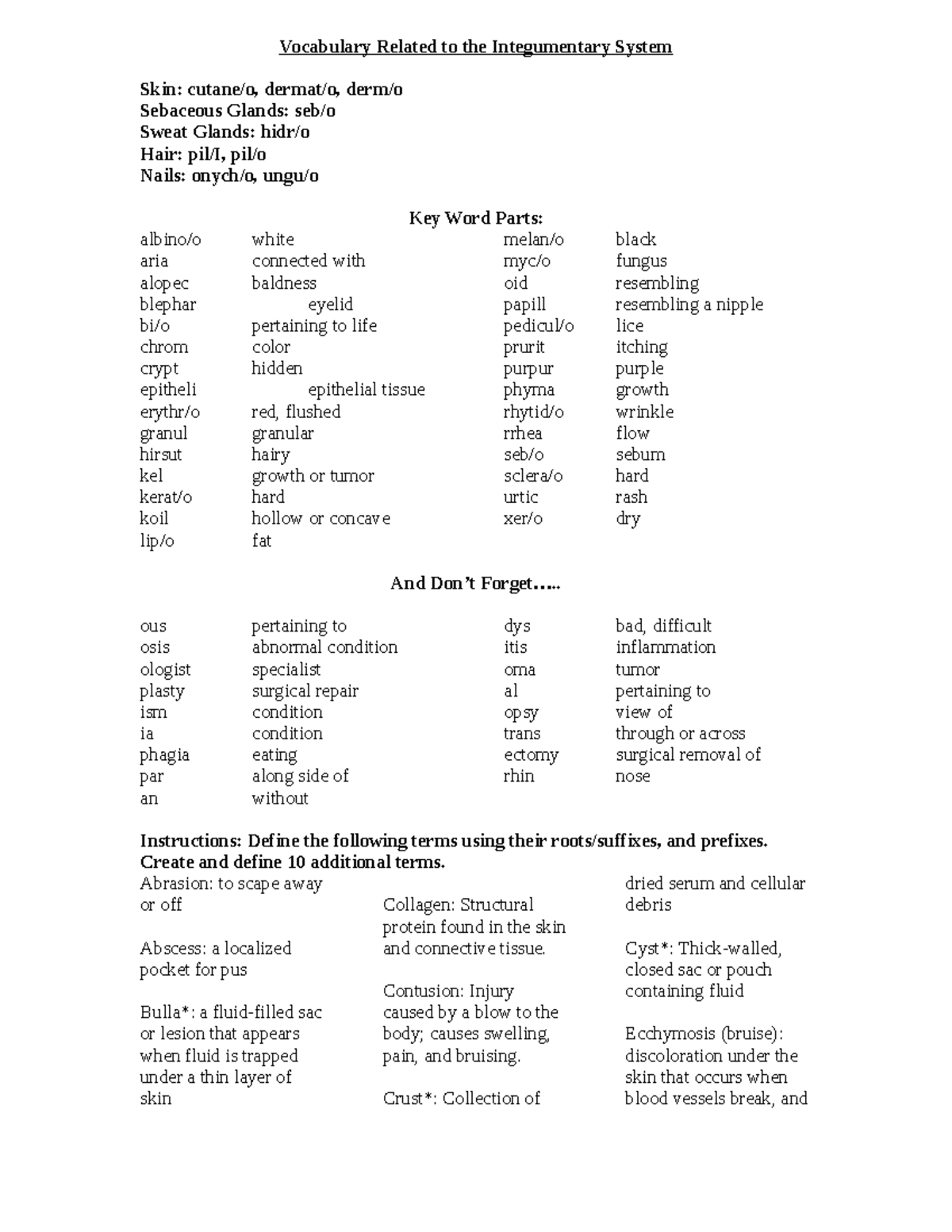 Pathophysiology Unit 2 Week 2 Integumentary System Related Vocabulary ...