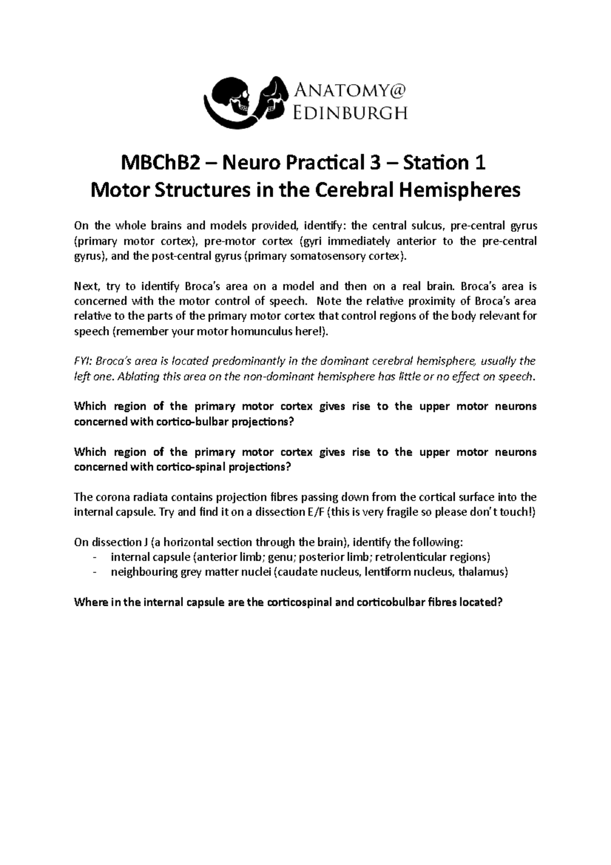 MBCh B 2 Neuro Practical 3 2022 Complete THG - Motor Structures in the ...