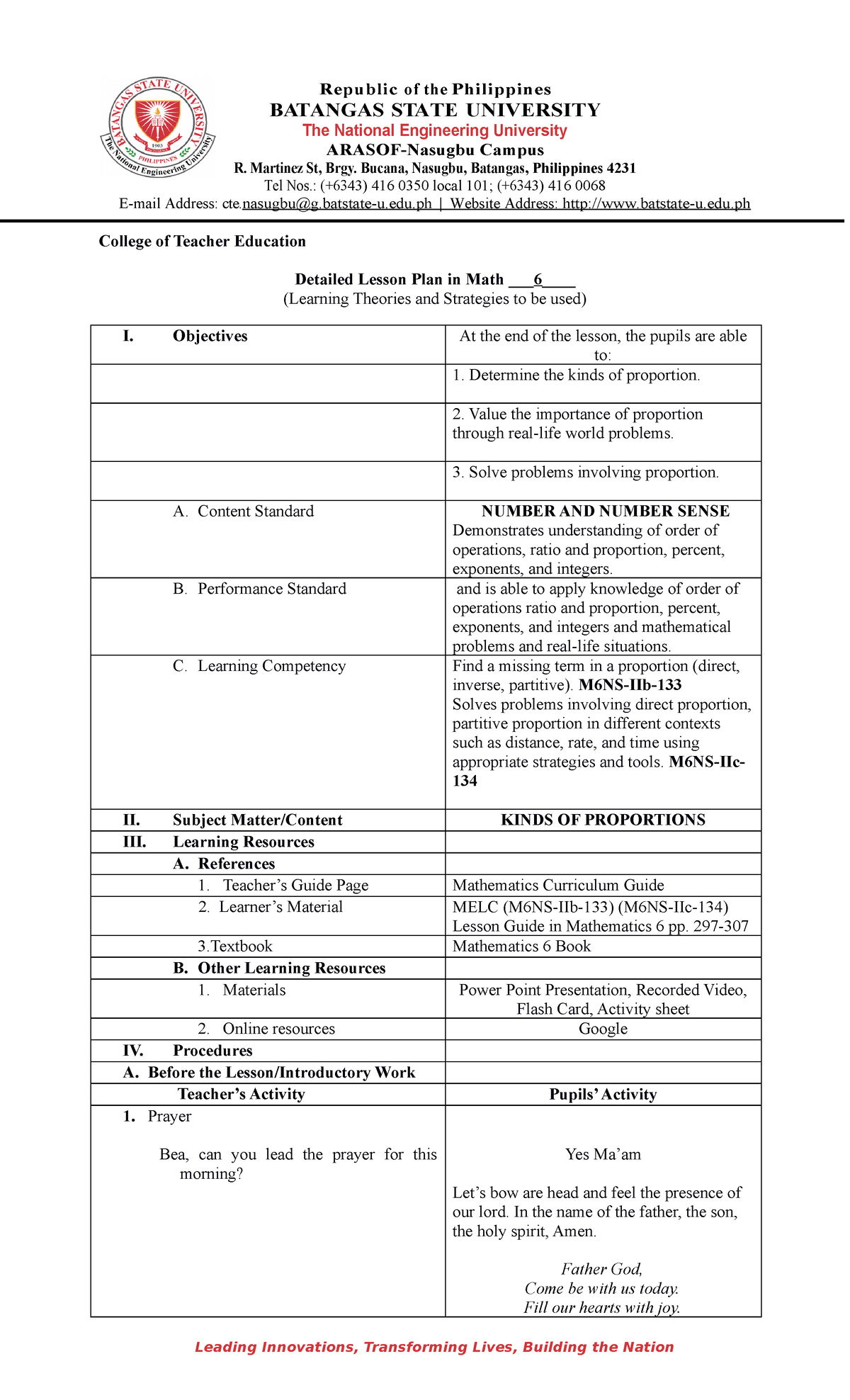 Lesson PLAN ( Kinds OF Proportion) - Republic of the Philippines ...