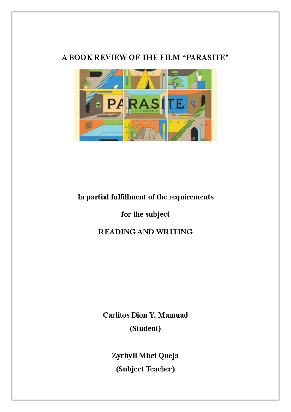 Parasite Film Review - A BOOK REVIEW OF THE FILM “PARASITE” In partial ...