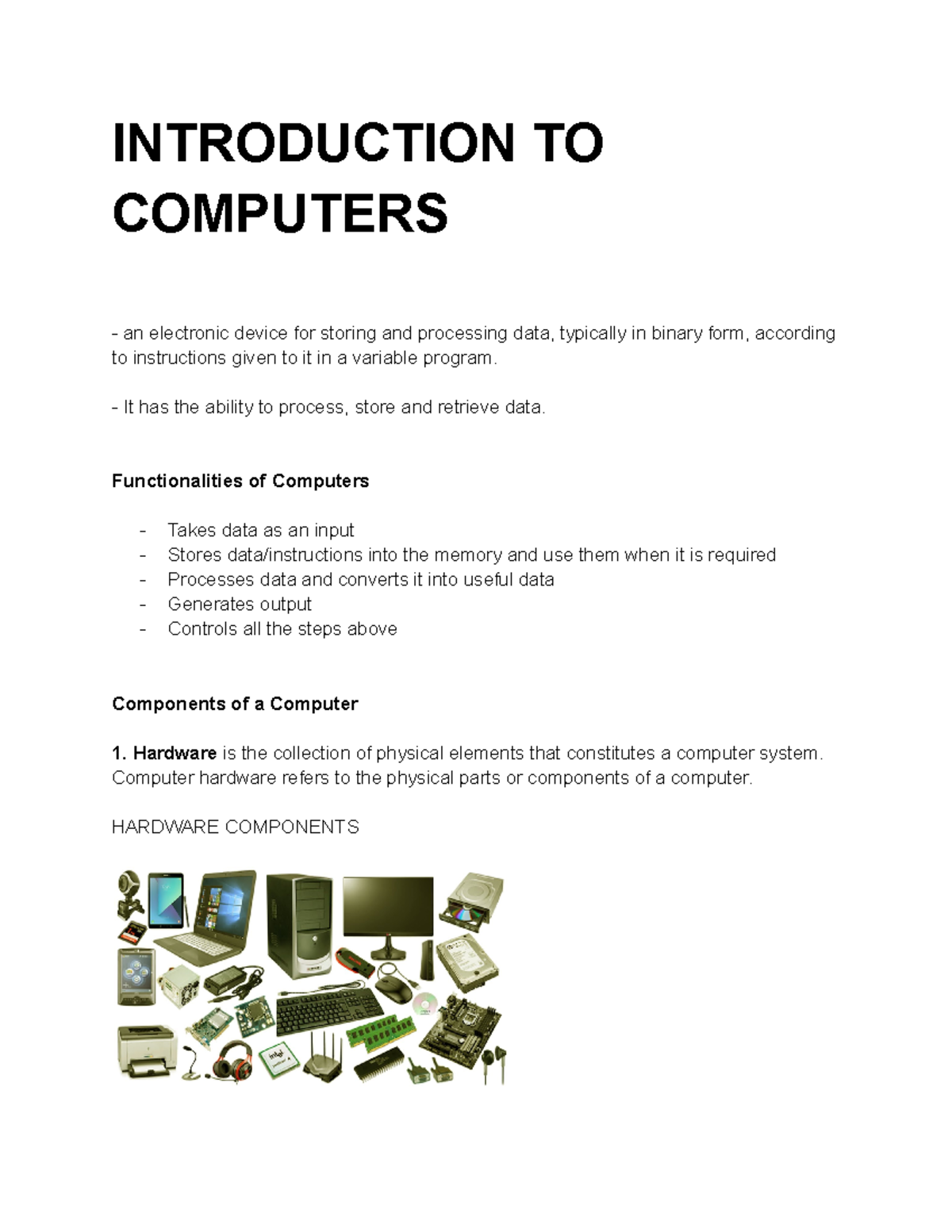 Introduction to Computers - INTRODUCTION TO COMPUTERS an electronic device for storing and - Studocu