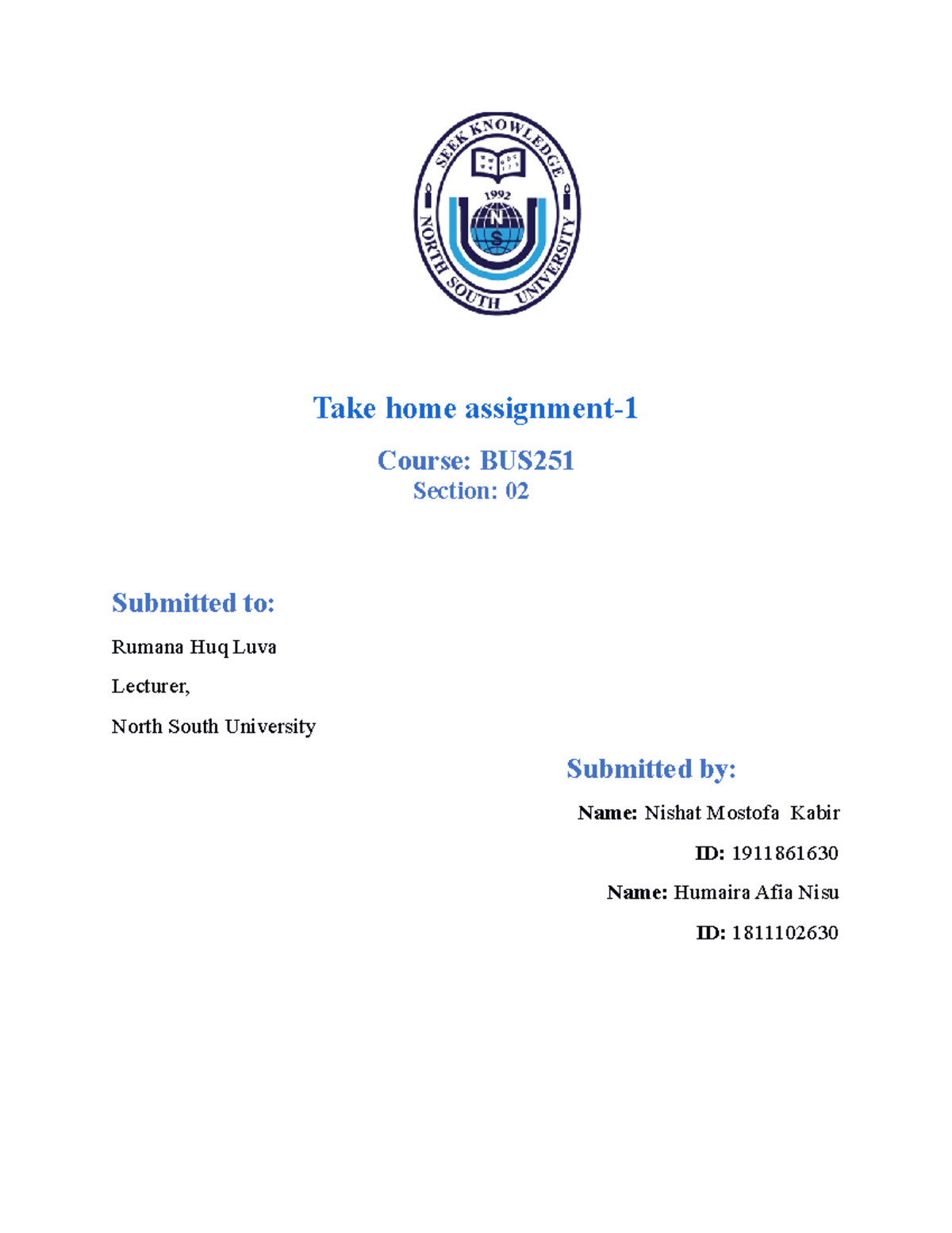 Take home assignment-1 - Take home assignment- Course: BUS Section: 02 ...