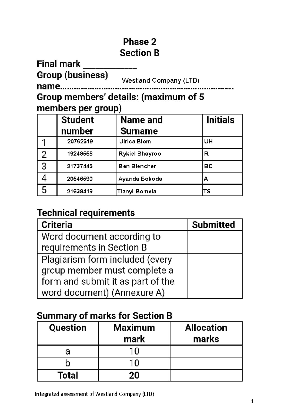 FIL 251 I Assignment - Westland Company (LTD) 20762519 Ulrica Blom UH ...