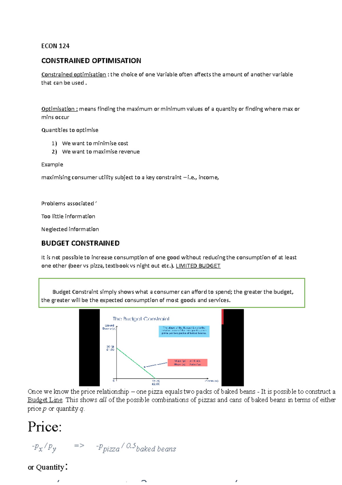 ECON 124 PART1 - ECON 124 CONSTRAINED OPTIMISATION Constrained optimisation : the choice of one ...