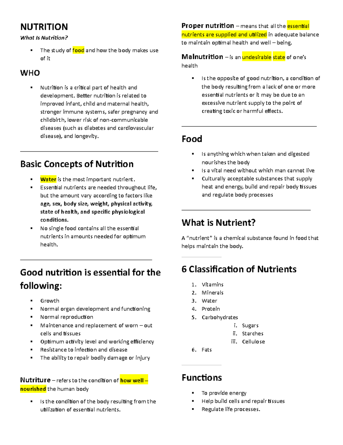Nutrition 1 rev - notes. - NUTRITION What Is Nutrition? The study of ...