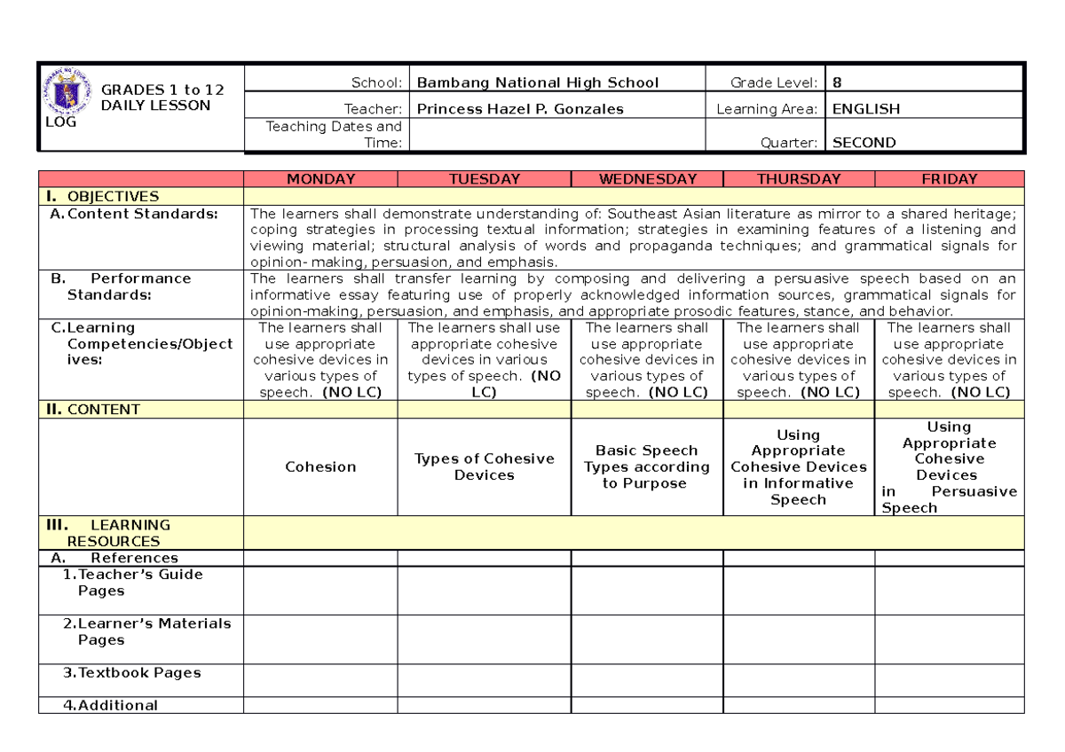 DLL CESS 1 of 3 1 - dll - GRADES 1 to 12 DAILY LESSON LOG School ...