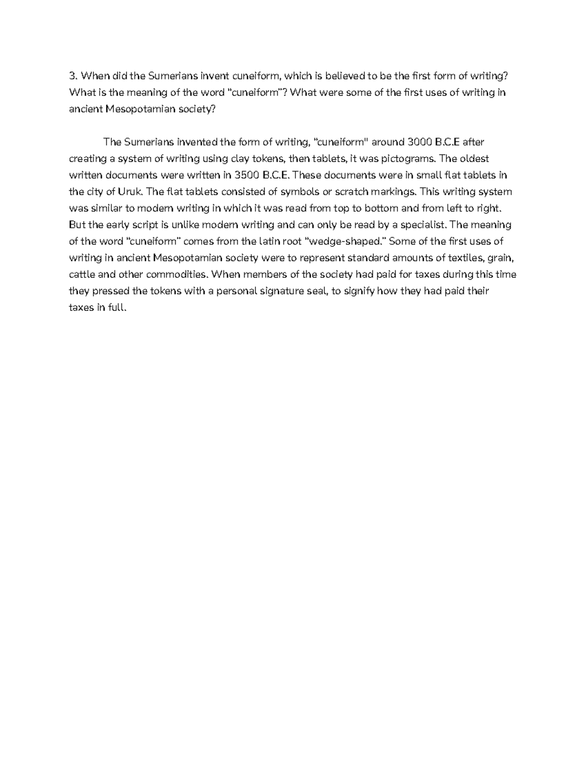 Study Questions 1 - When did the Sumerians invent cuneiform, which is ...