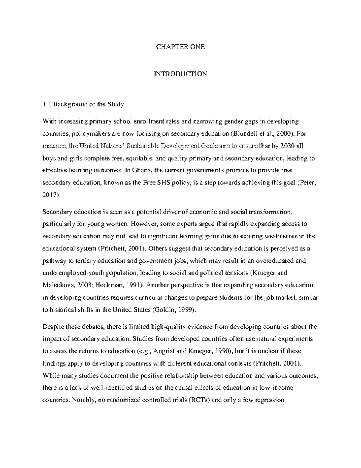 FREE SHS Chapter ONE - CHAPTER ONE INTRODUCTION 1 Background of the ...