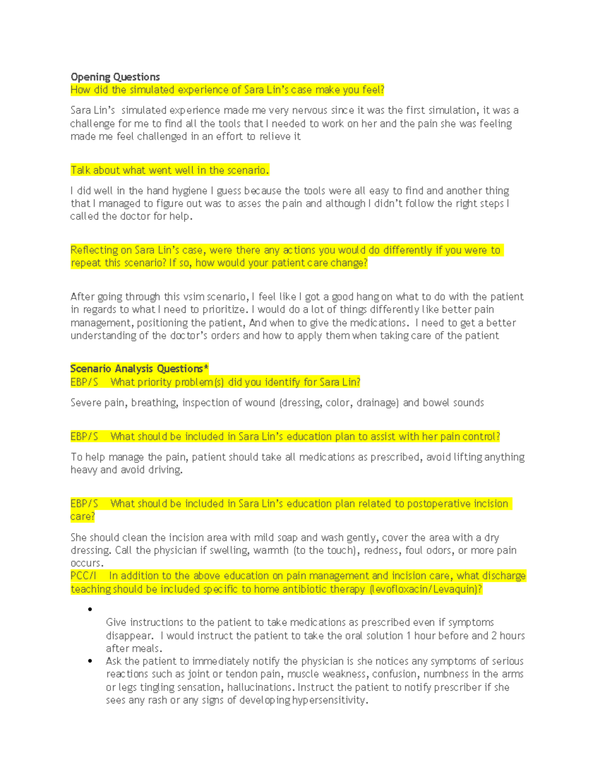 Sara Lin guided reflection - Opening Questions How did the simulated ...