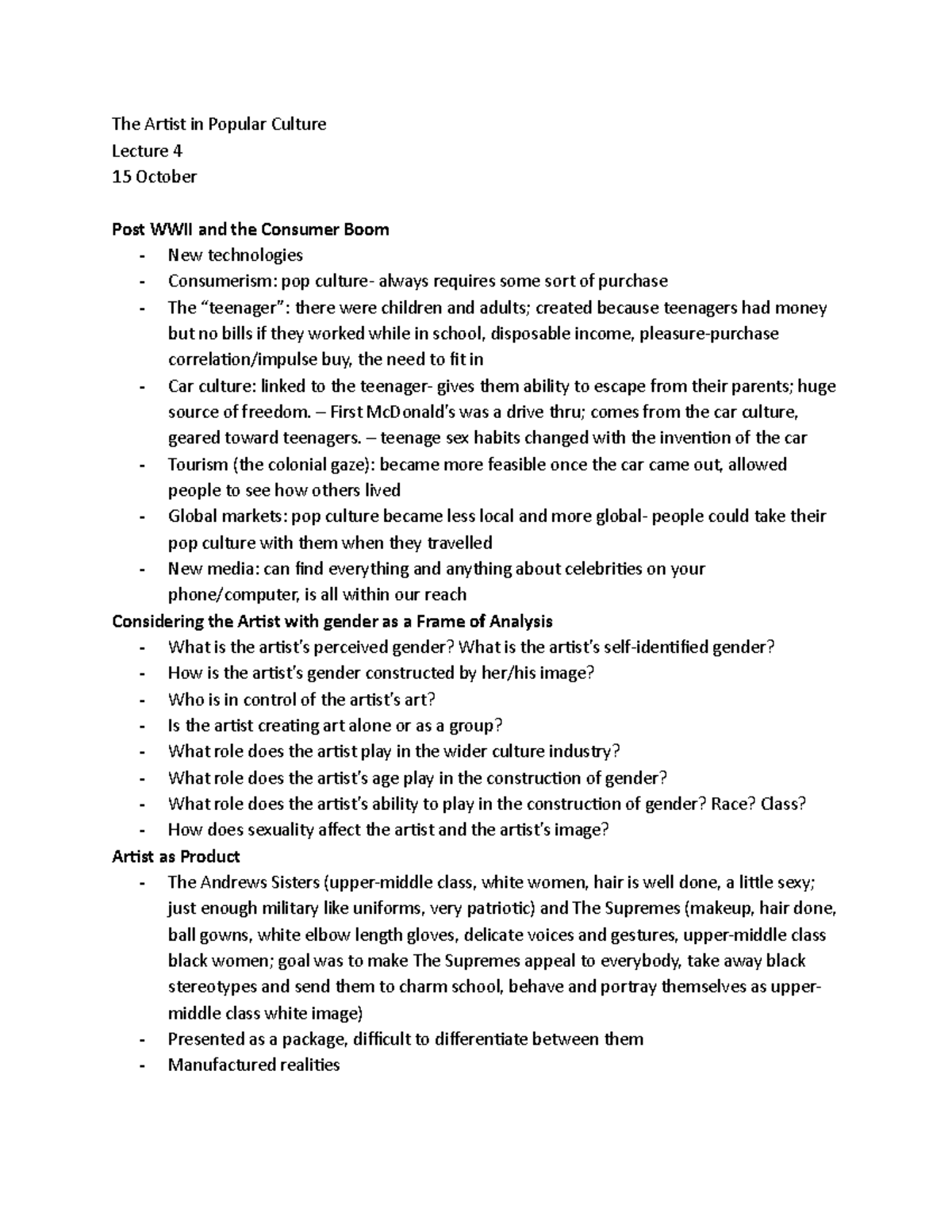 Gender and Popular Culture Lecture 4 - The Artist in Popular Culture ...