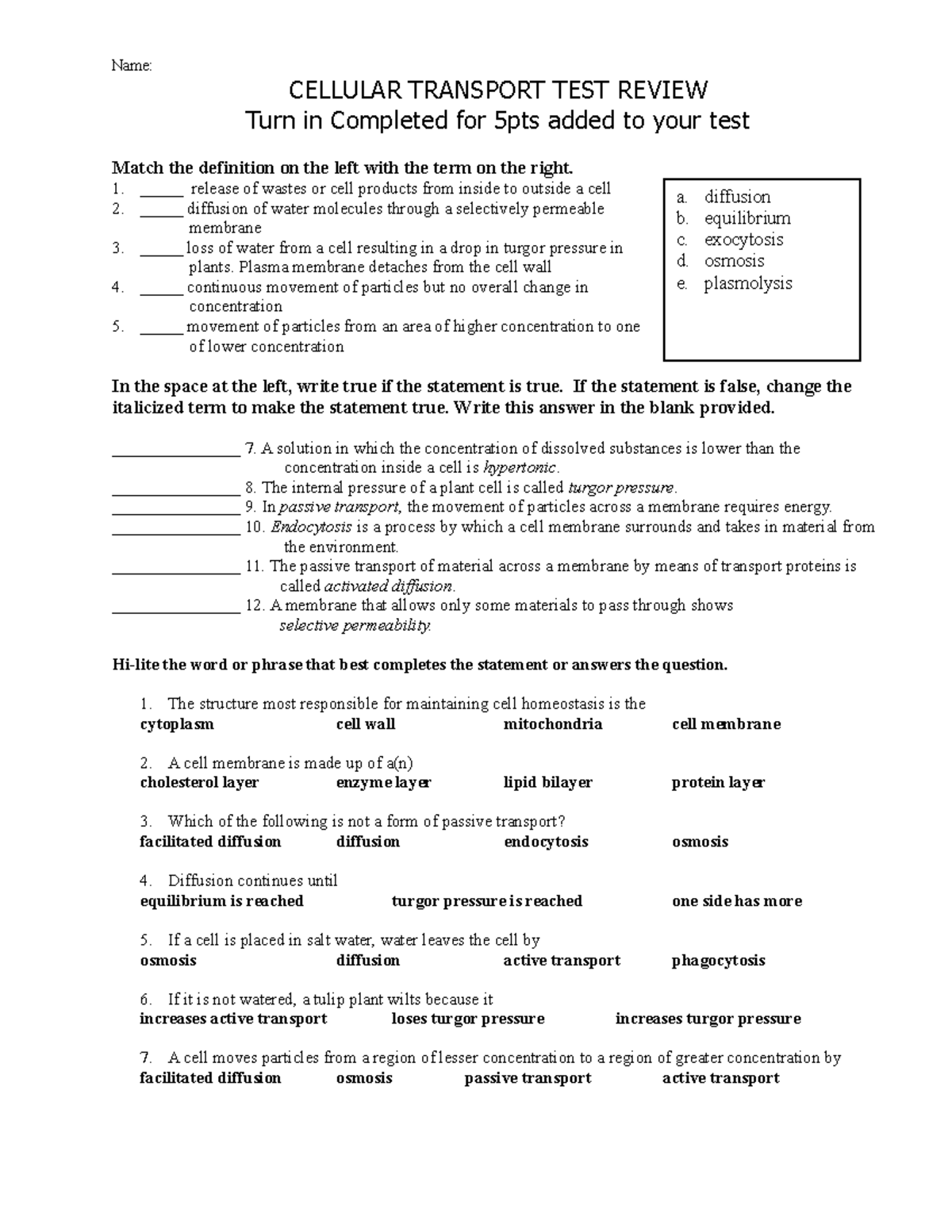 Cellular Transport Test Review - Name: CELLULAR TRANSPORT TEST REVIEW ...