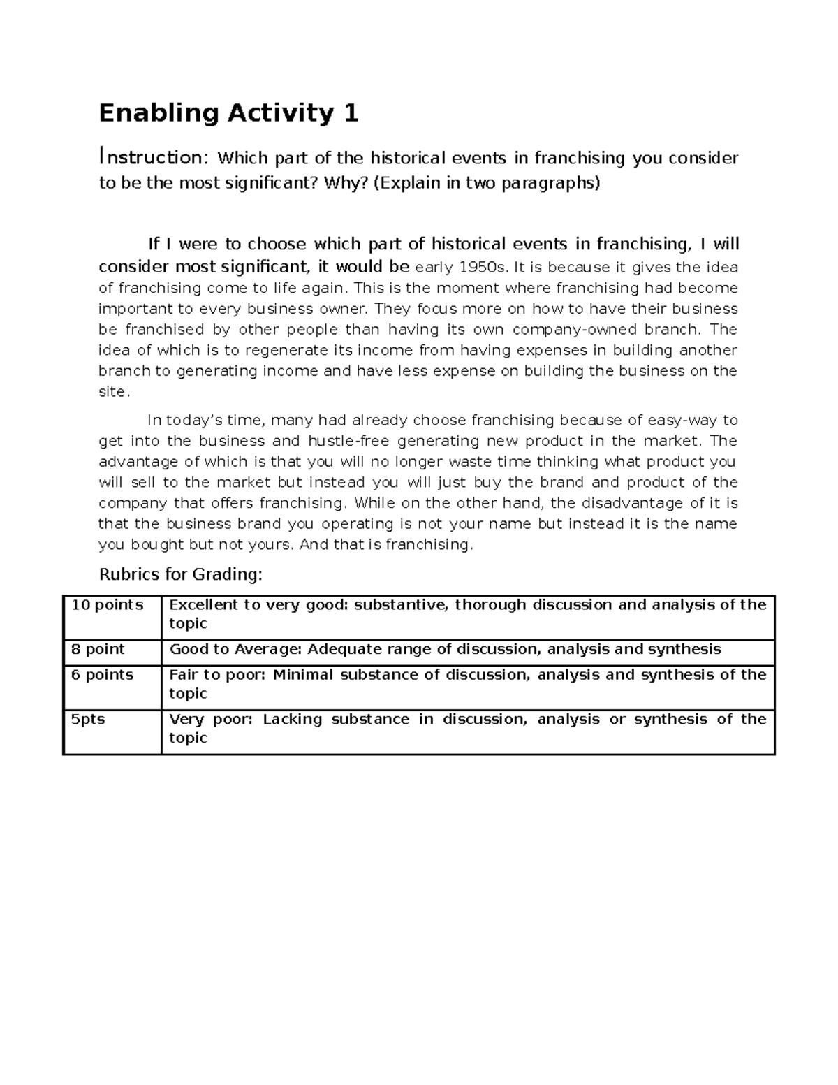 Enabling Activity 1 Franchise - Enabling Activity 1 Instruction: Which ...