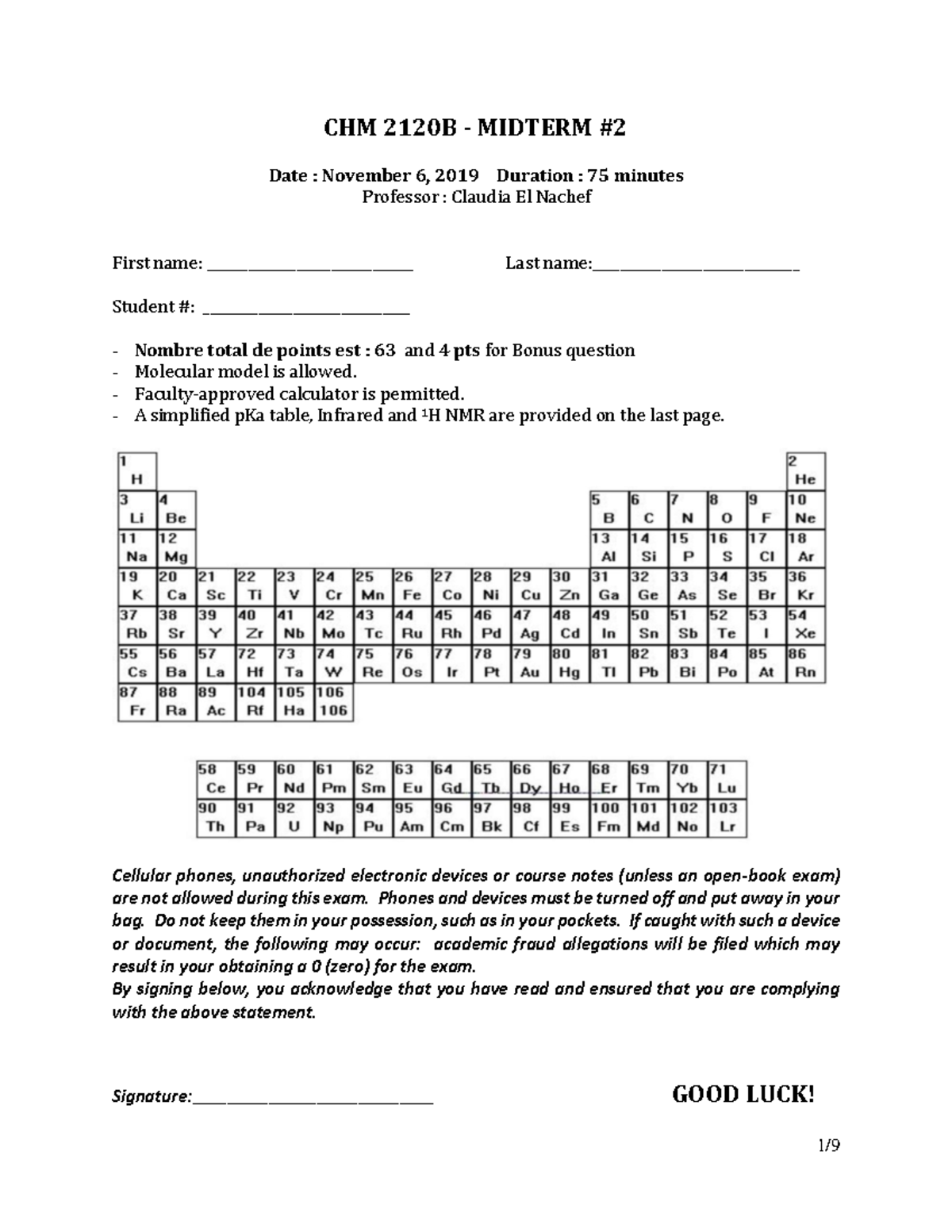 2019 F-Midterm 2 - midterm 2 exam practice questions - CHM 2120B ...