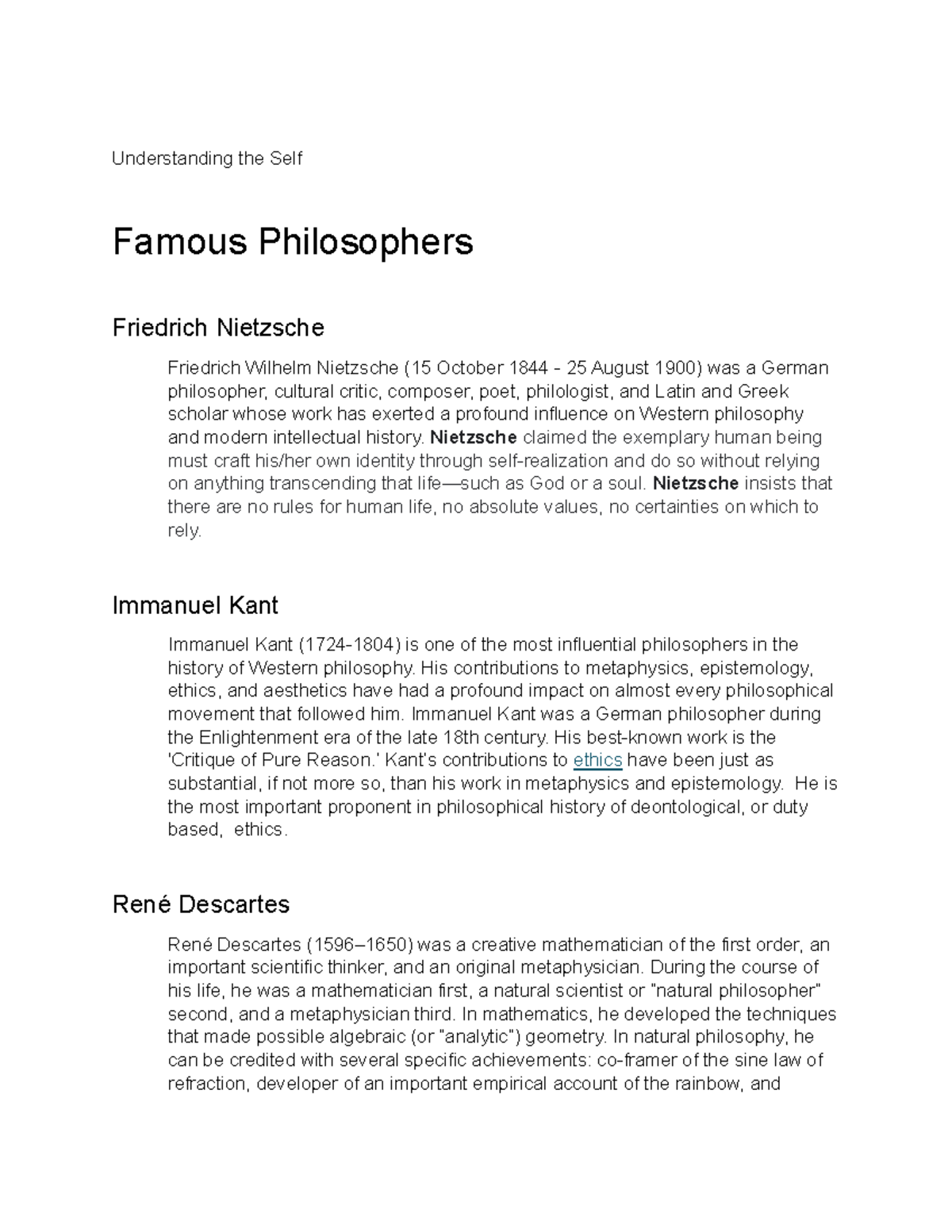 Philosophers - Understanding the Self Famous Philosophers Friedrich ...
